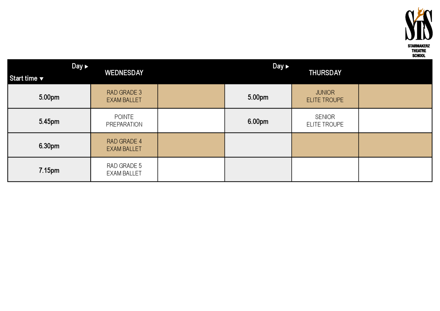 Weekday Timetable - Starmakerz
