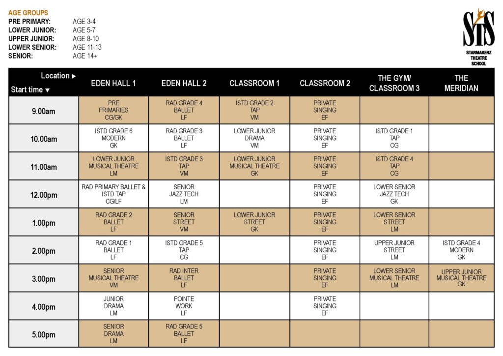 Saturday Timetable - Starmakerz